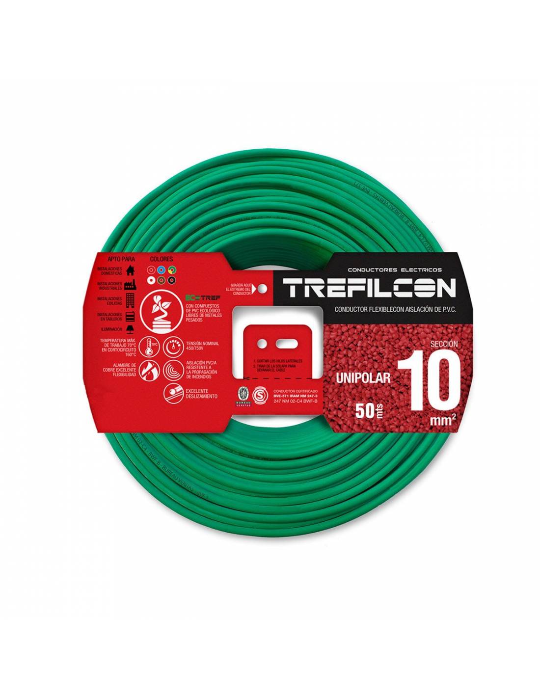 CABLE UNIPOLAR FLEXIBLE 10 MM TREFILCON VERDE-AMARILLO PACK X 50