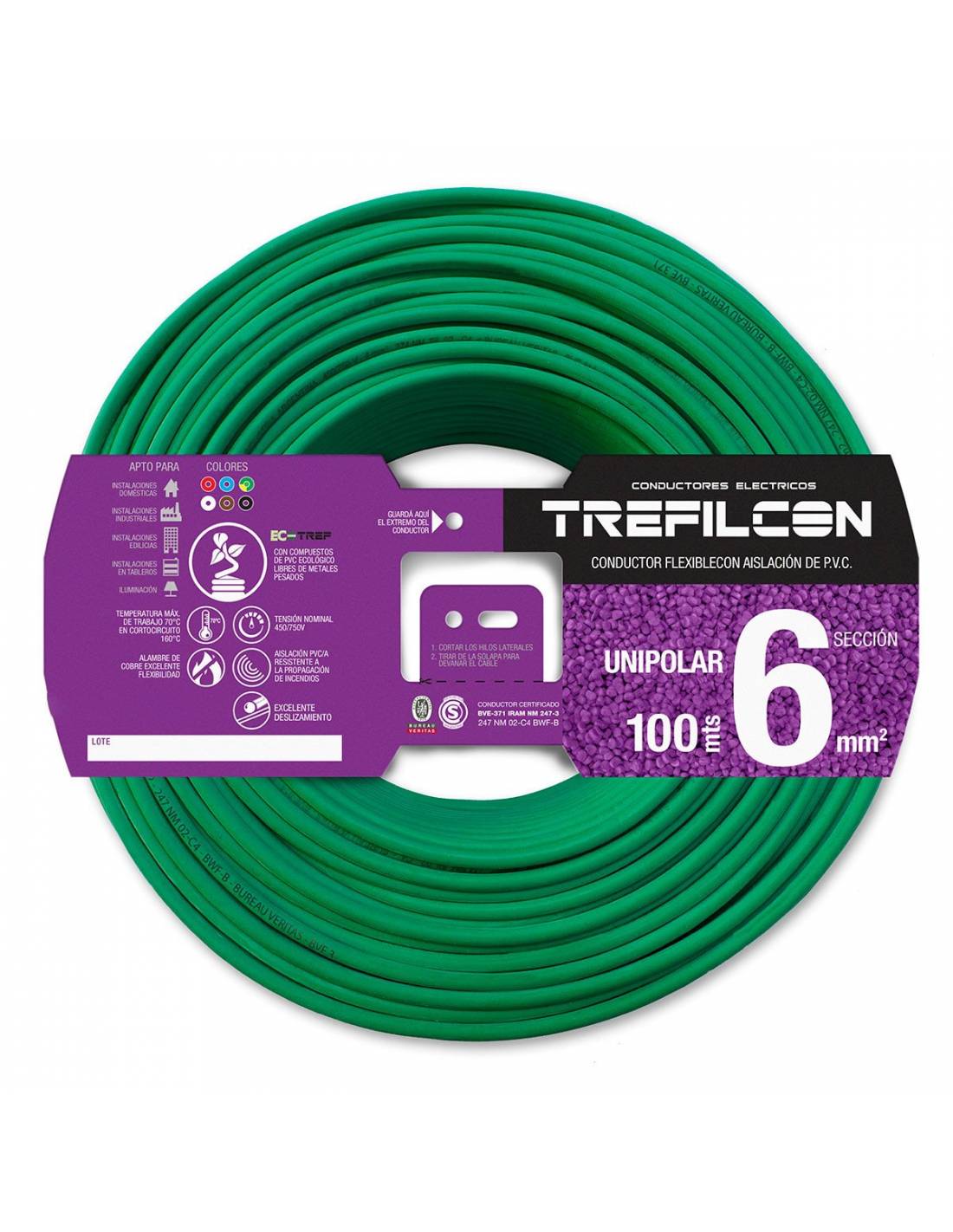 CABLE UNIPOLAR FLEXIBLE 6MM TREFILCON VERDE AMARILLO PACK X 100