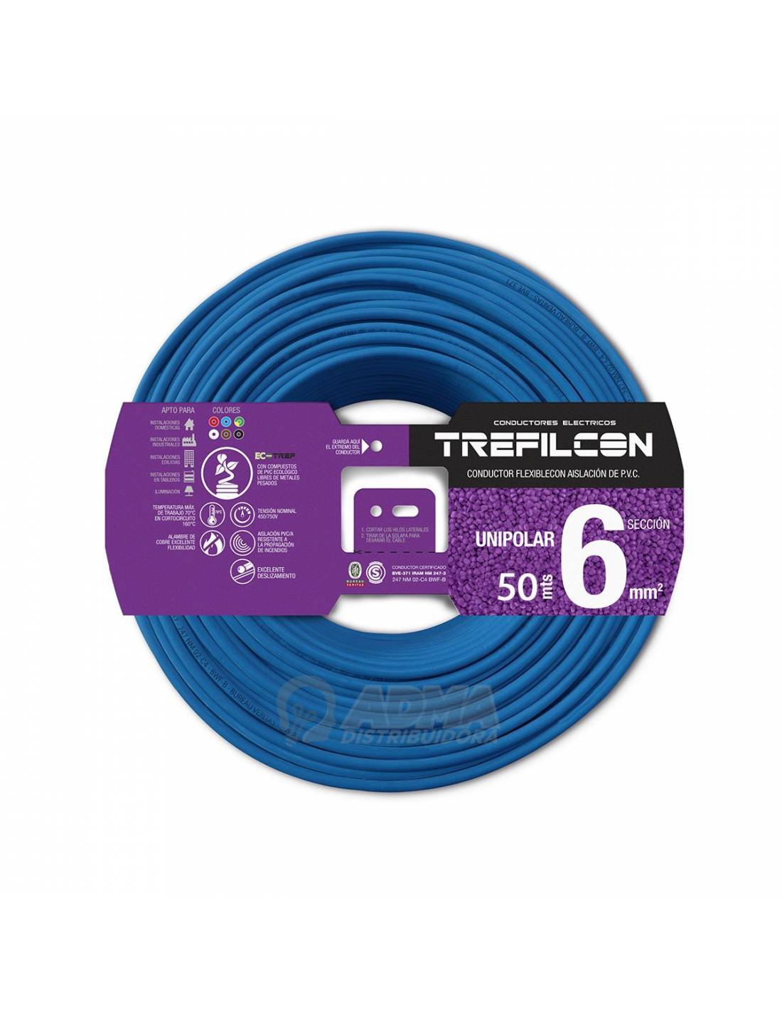CABLE UNIPOLAR FLEXIBLE 6 MM TREFILCON CELESTE PACK X 50