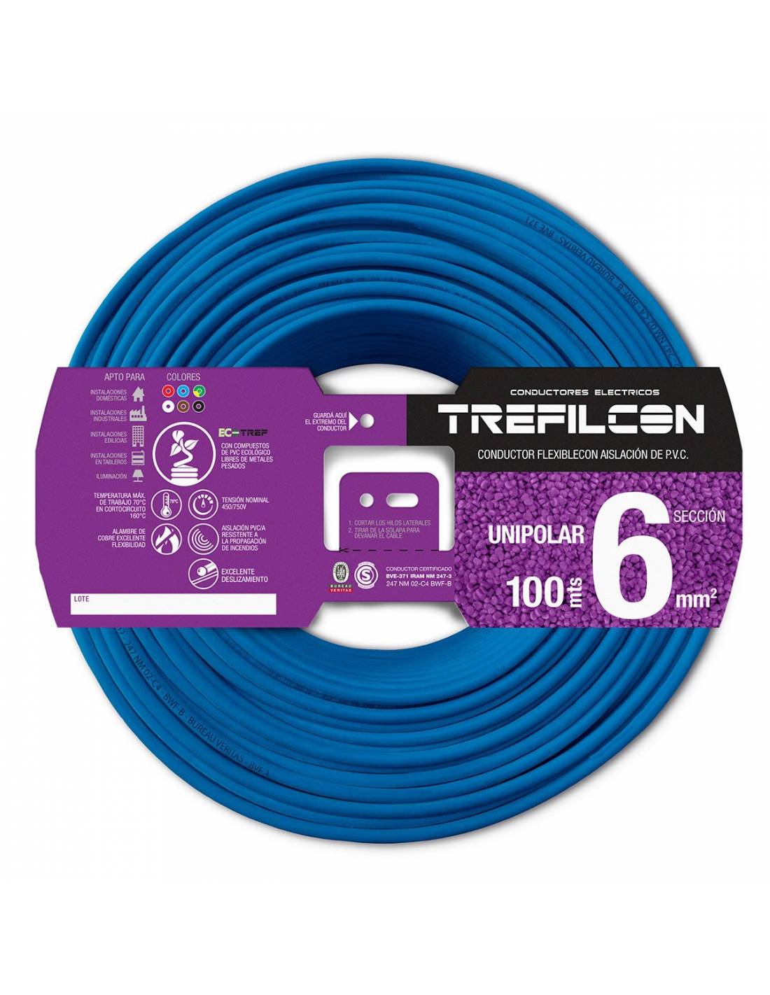 CABLE UNIPOLAR FLEXIBLE 6 MM TREFILCON CELESTE PACK X 100