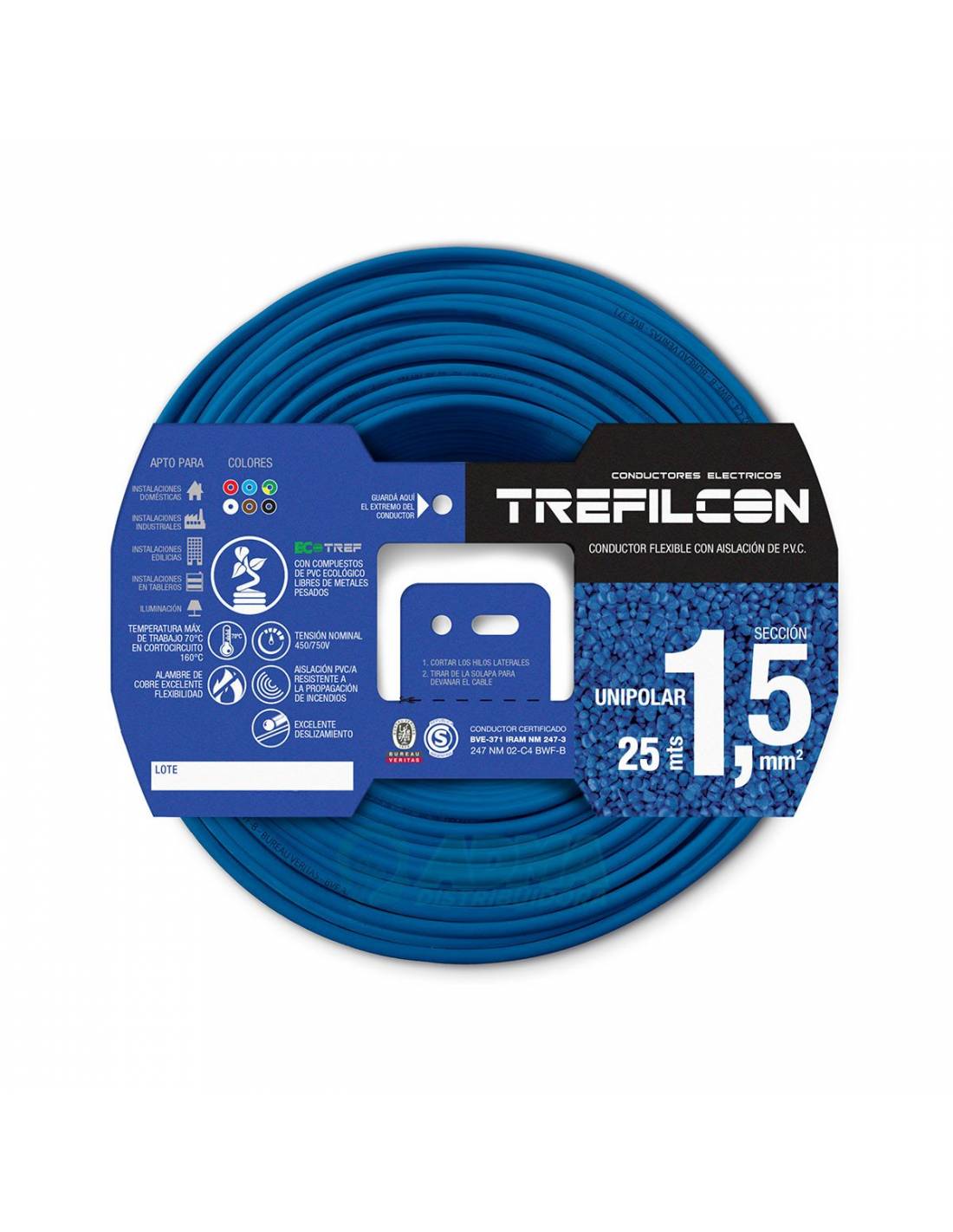 CABLE UNIPOLAR FLEXIBLE 1.5 MM TREFILCON CELESTE PACK X 25 MTS
