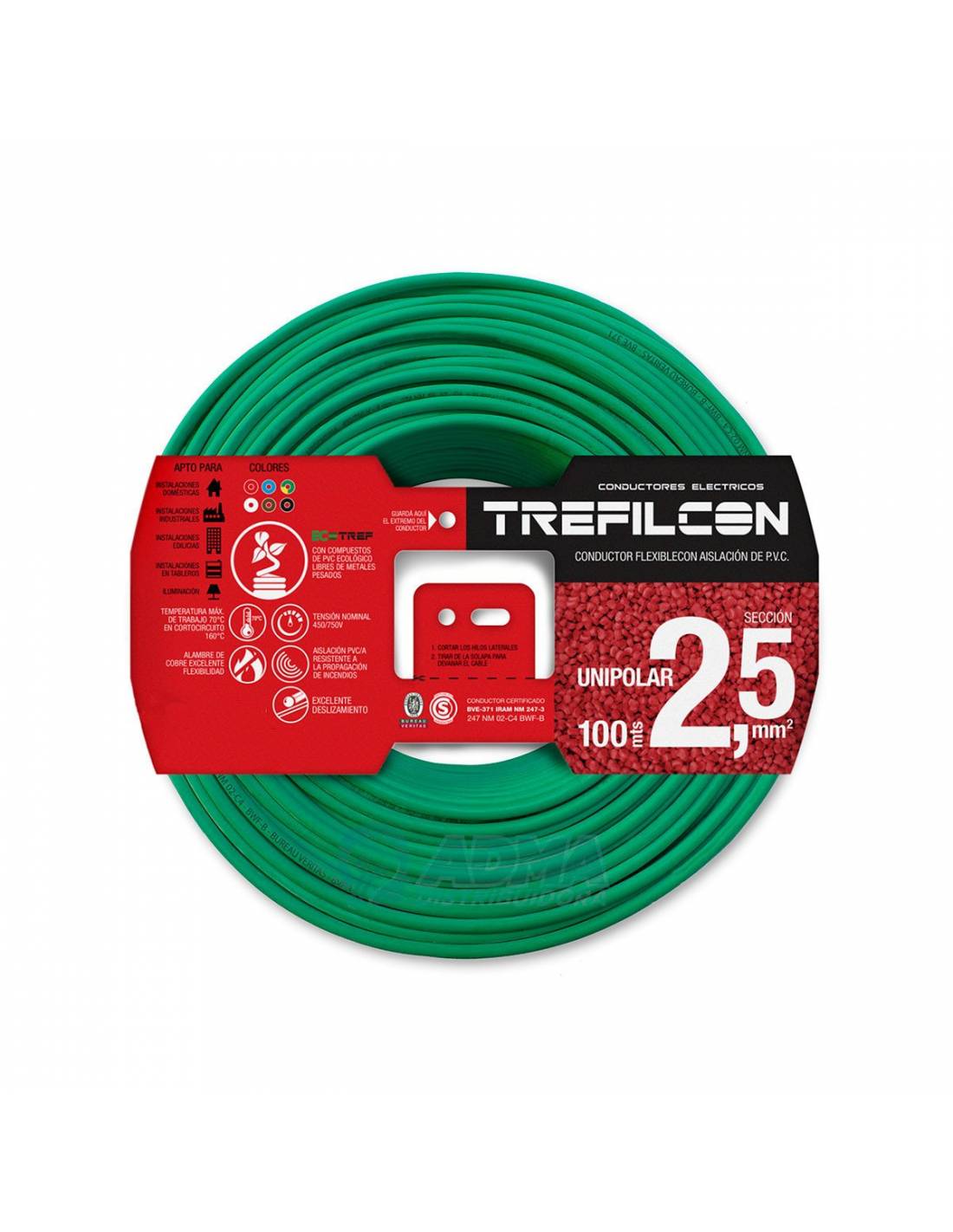 CABLE UNIPOLAR FLEXIBLE 2.5 MM TREFILCON VERDE/AMARILLO PACK X 100 MTS