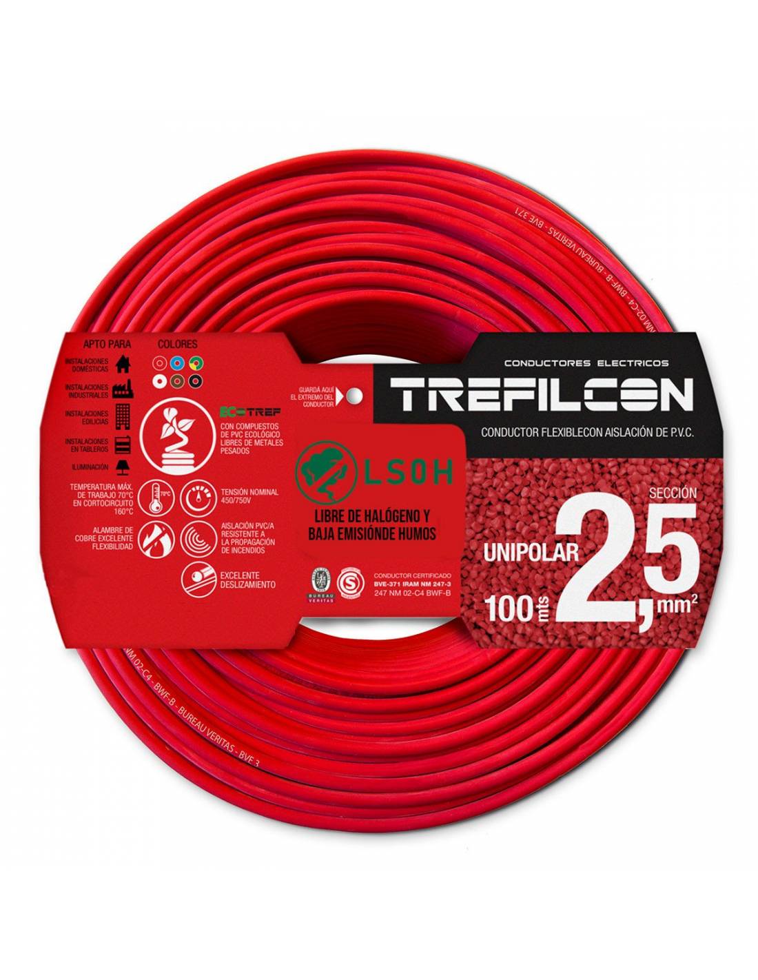 CABLE UNIPOLAR LIBRE DE HALOGENOS FLEXIBLE 2.5 MM ROJO TREFILCON X100
